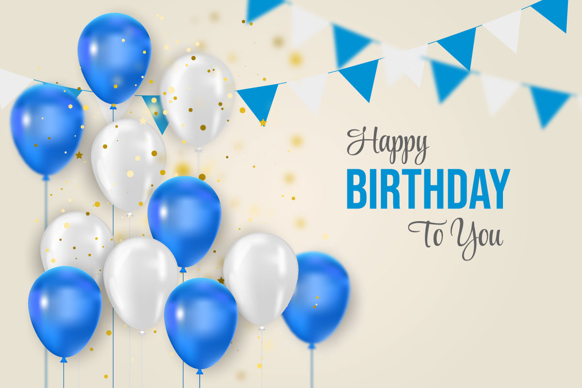 Birthday balloons banner design with elegant blue and white balloon concept