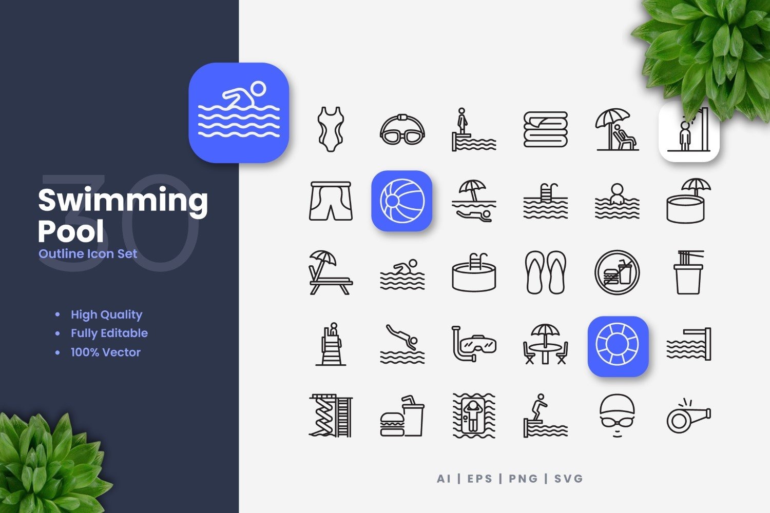 30 Swimming Pool Outline Icon Set #350278 - TemplateMonster