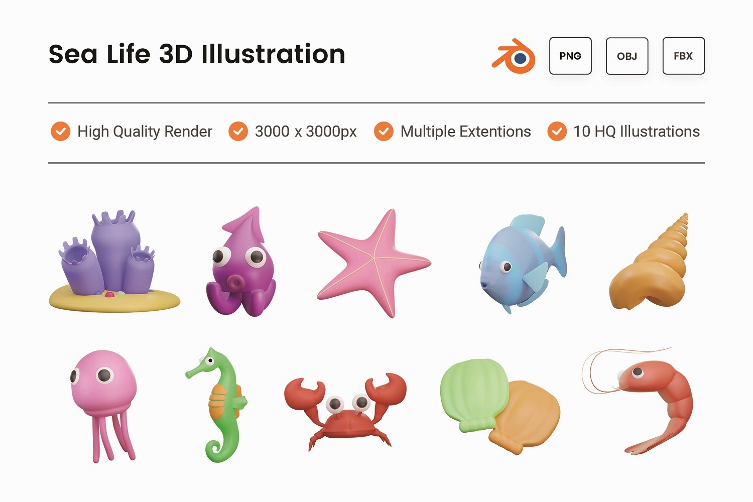 Sea Life 3D Illustration Set #352305 - TemplateMonster