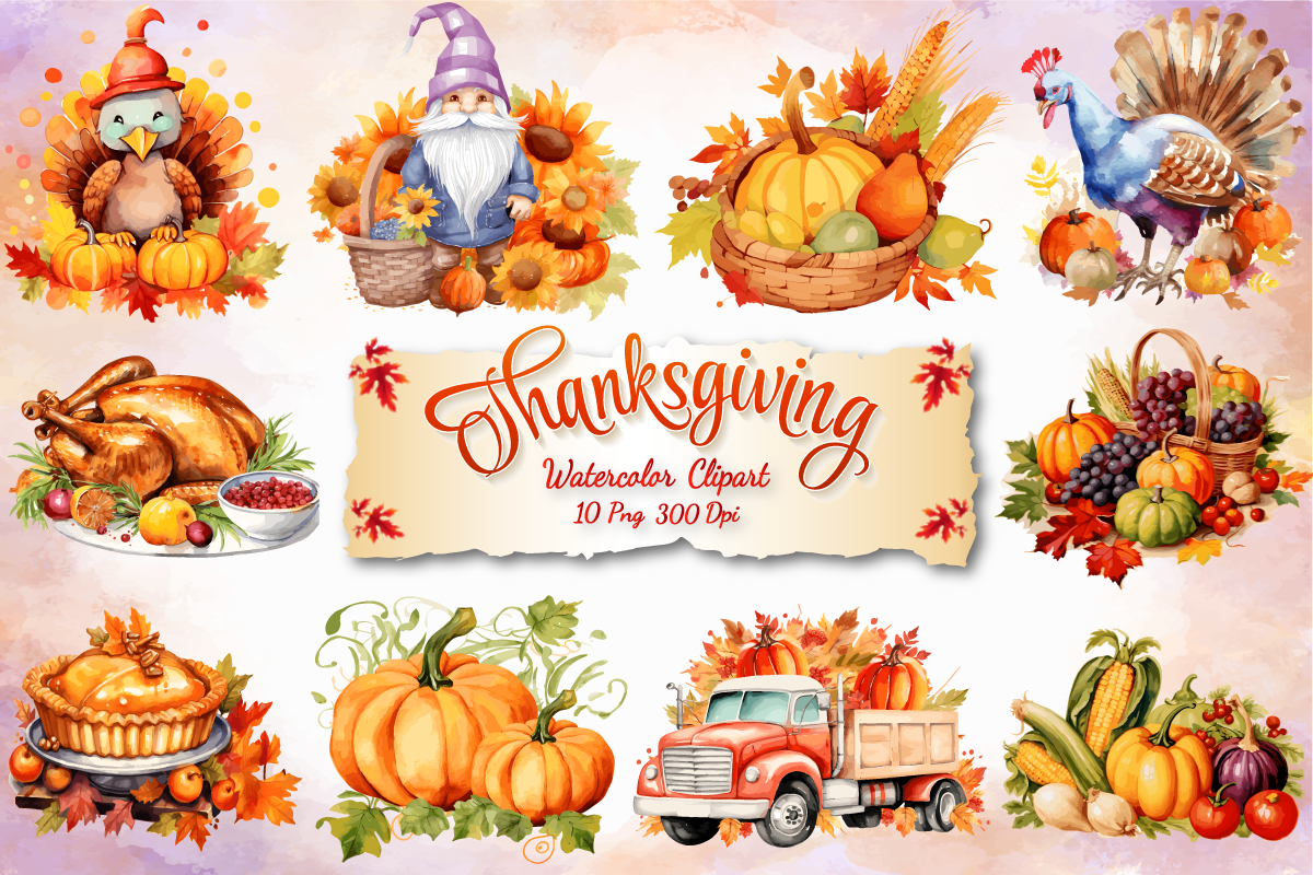 Thanksgiving Day Watercolor Sublimation Clipart Bundle
