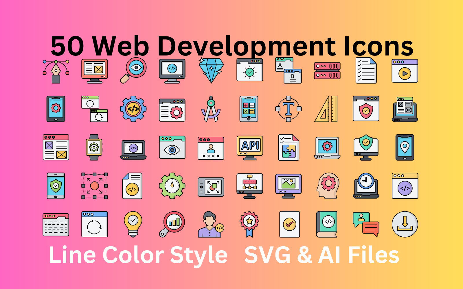 Web Development Icon Set 50 Line Color Icons Svg And Ai Files