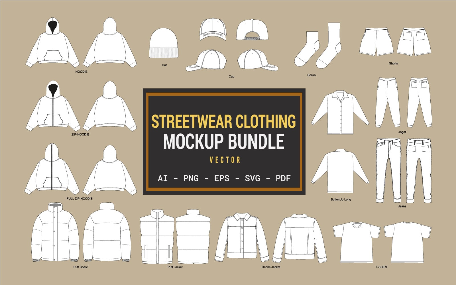 Streetwear Clothing Vector Mockup Tech Pack - TemplateMonster