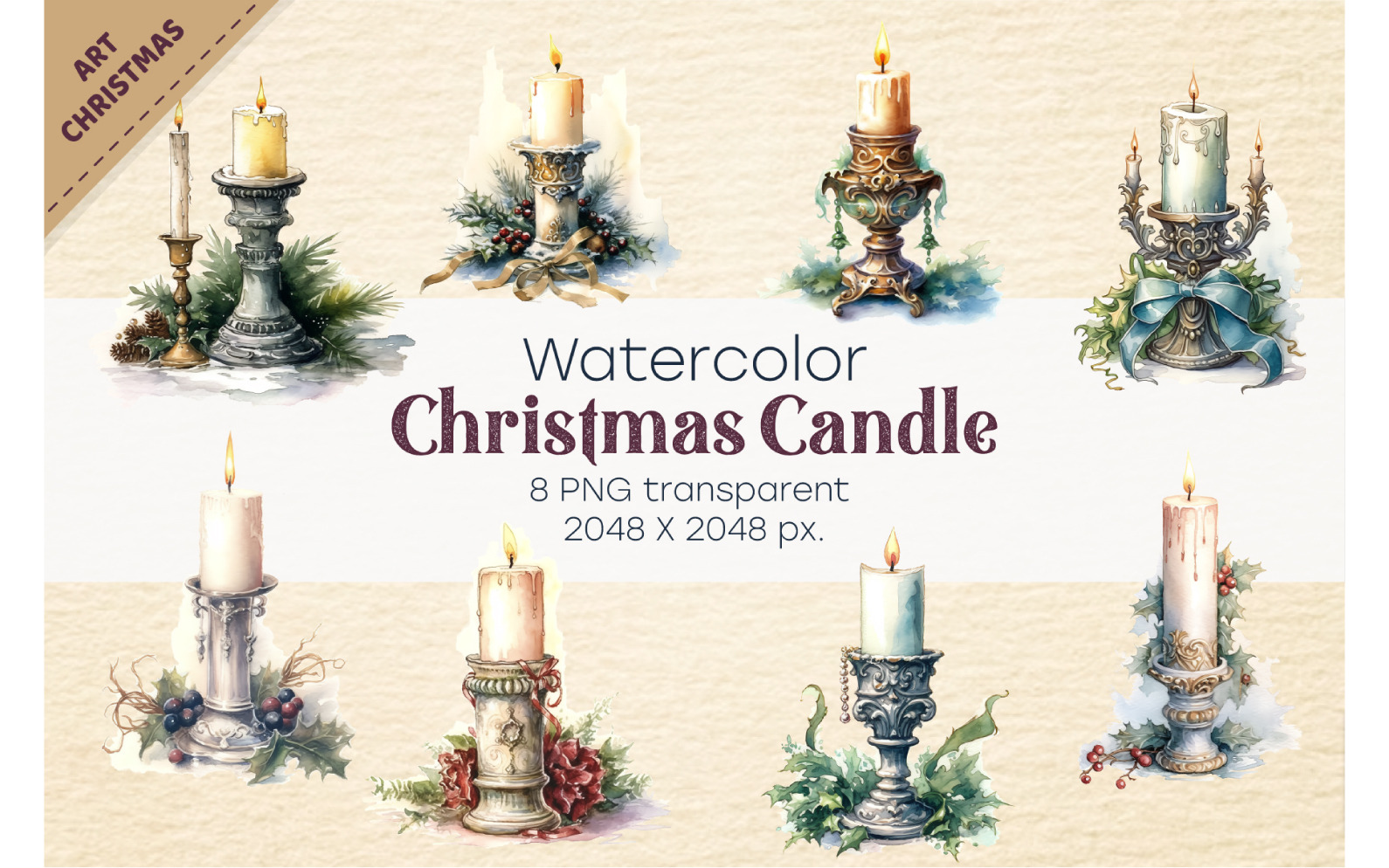 Watercolor Christmas candles. PNG, Clipart. - TemplateMonster