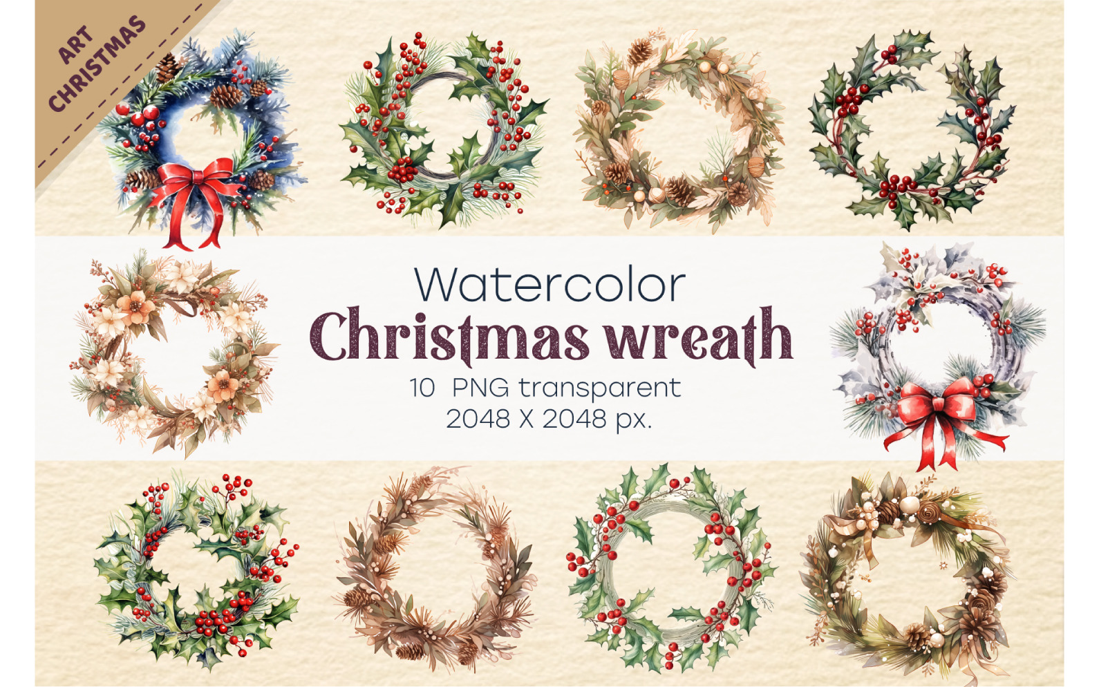 Watercolor Christmas wreath. PNG, Clipart. - TemplateMonster