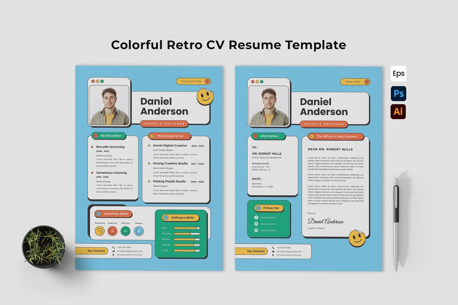 Colorful Retro CV Resume Template #374194 - TemplateMonster