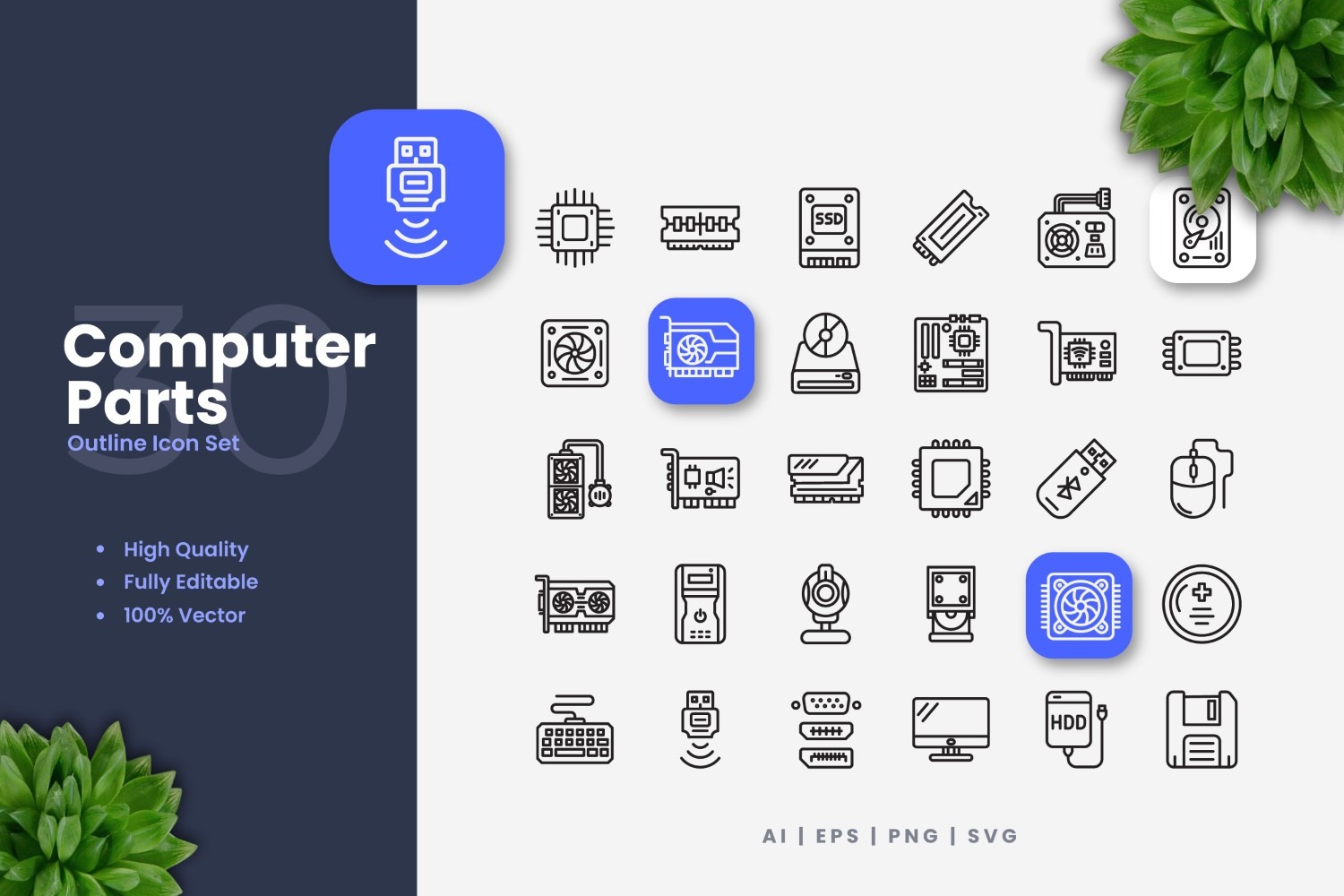 30 Computer Parts Outline Icons Set #376010 - TemplateMonster