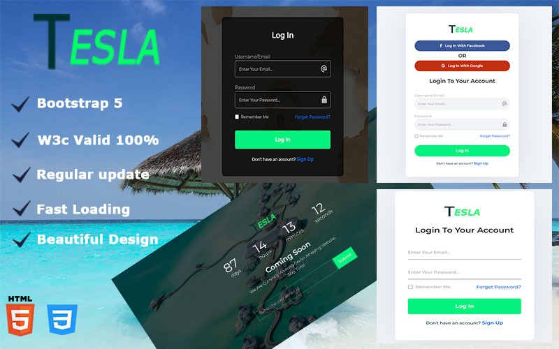 Tesla - Login Registration & Contact Form, Coming Soon Template