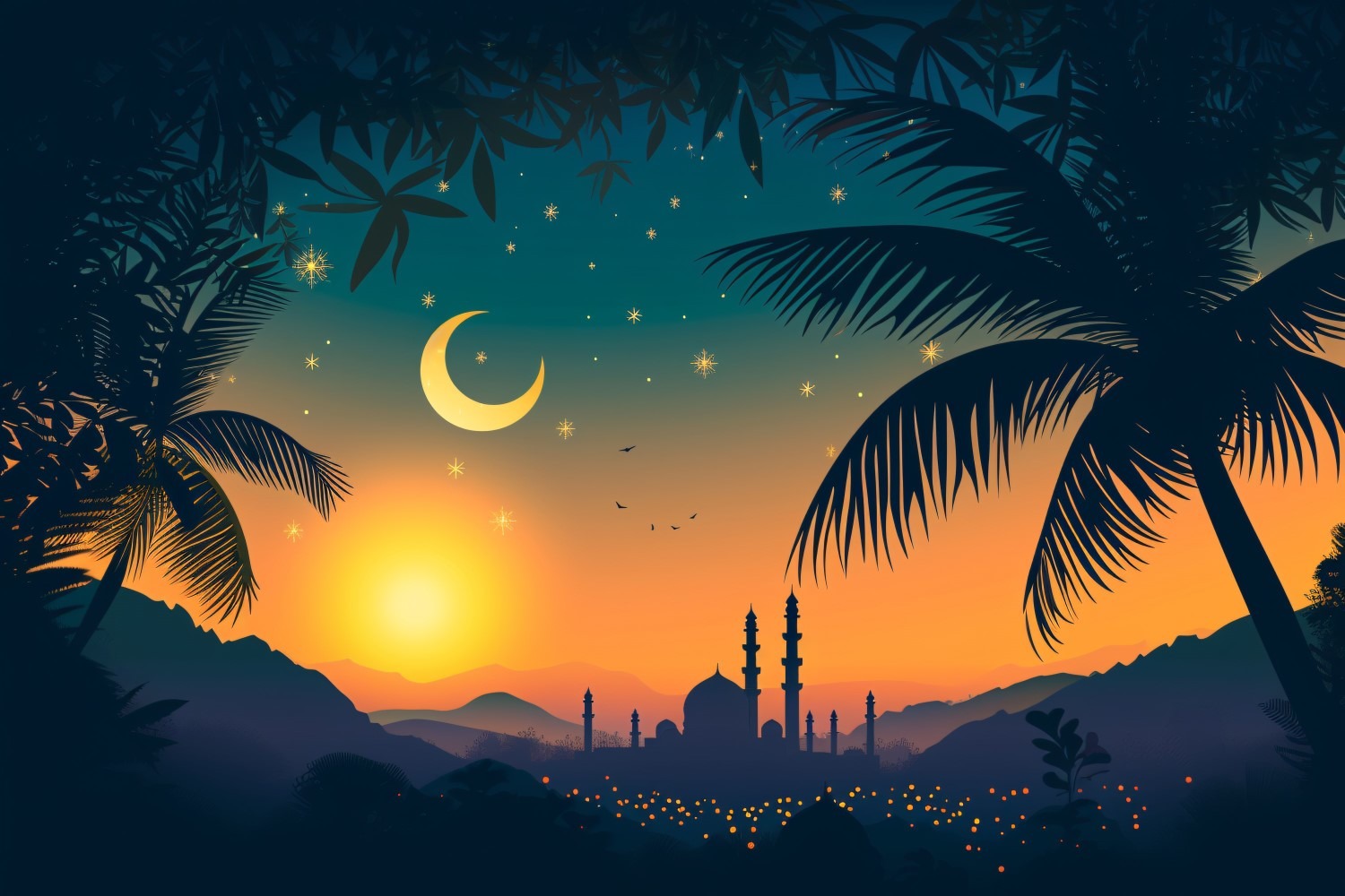 Ramadan Kareem greeting banner design with trees golden moon and Mosque ...