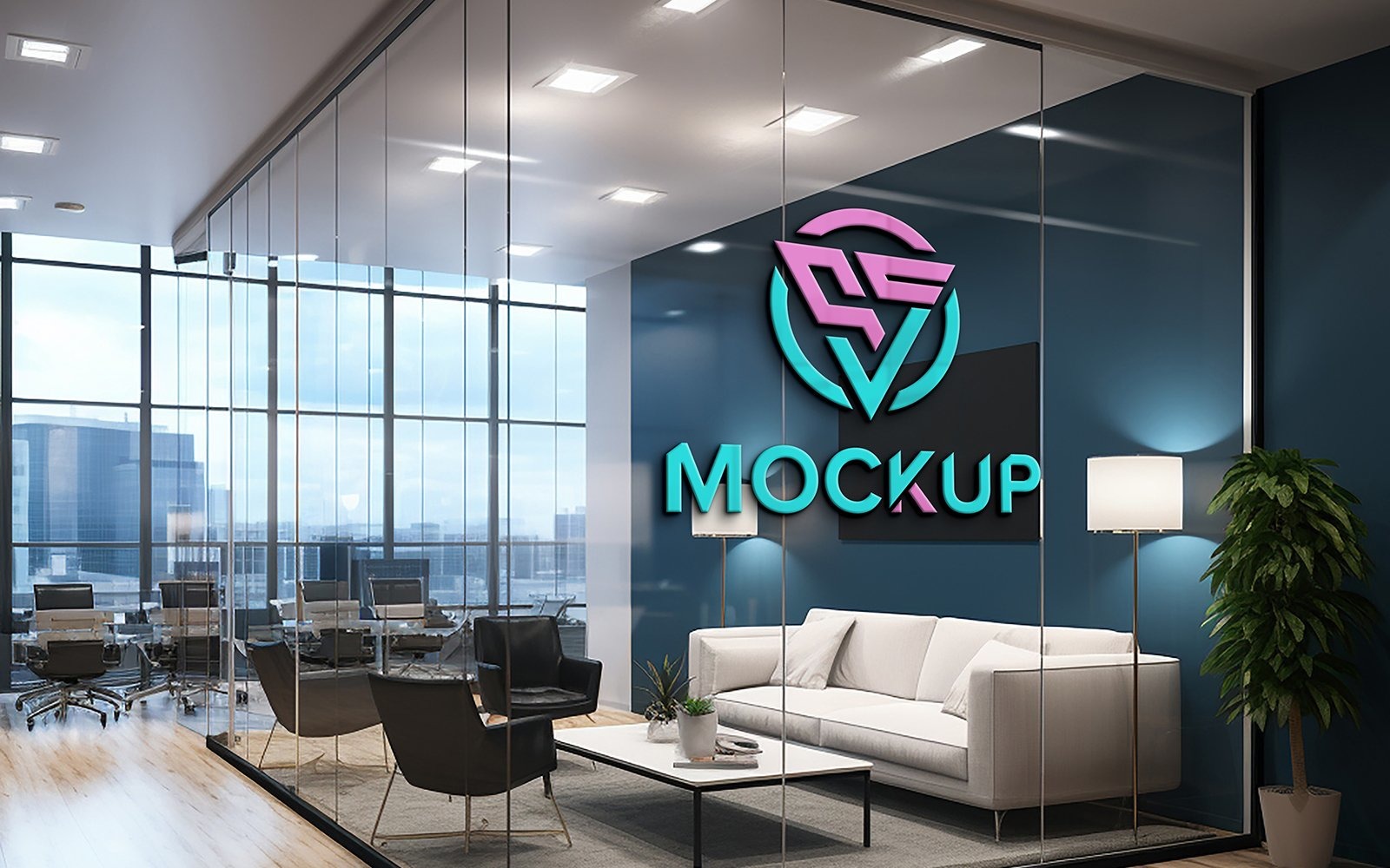 Office glass wall partition logo mockup - TemplateMonster