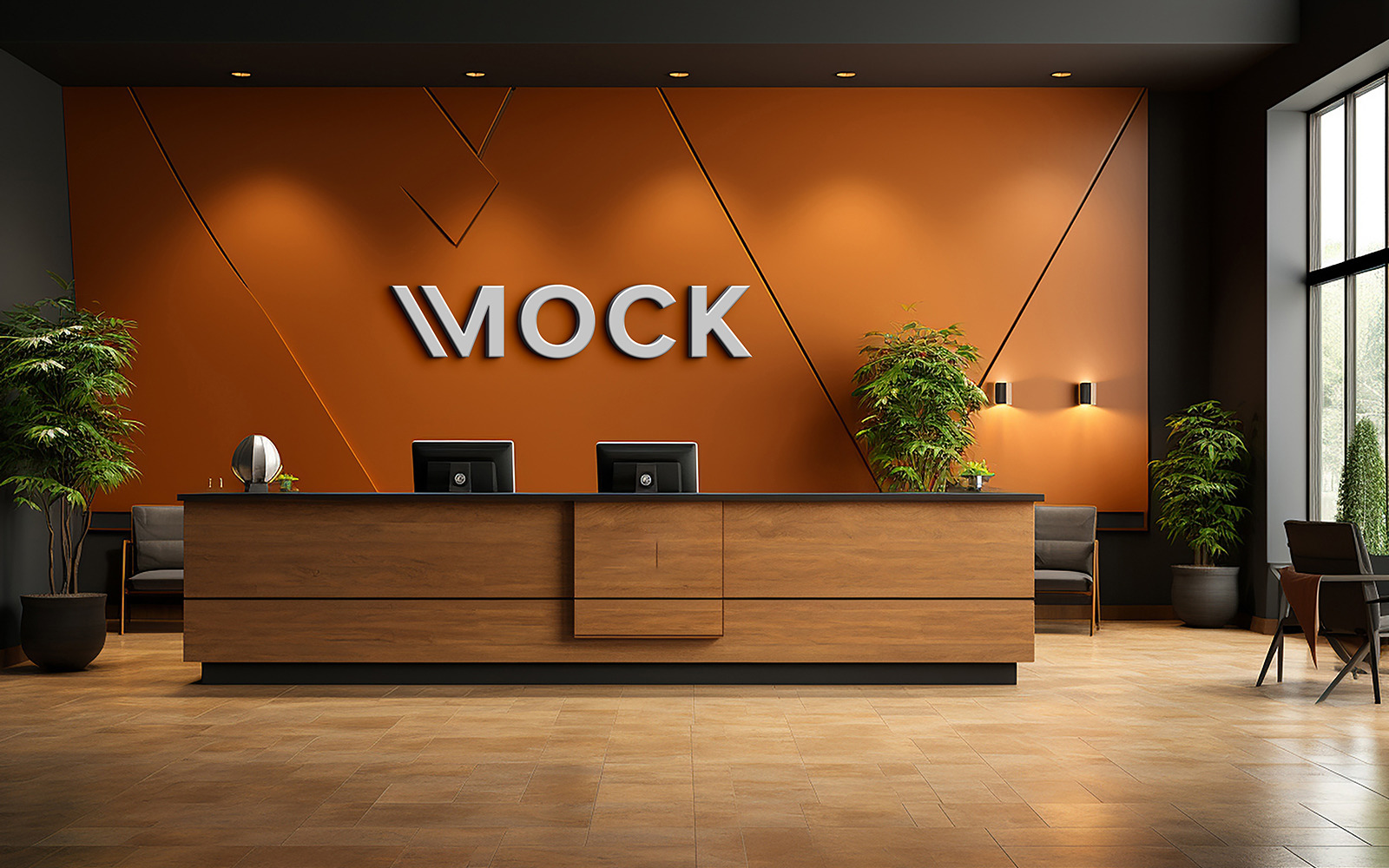 Hotel reception desk logo mockup, Office desk logo mockup