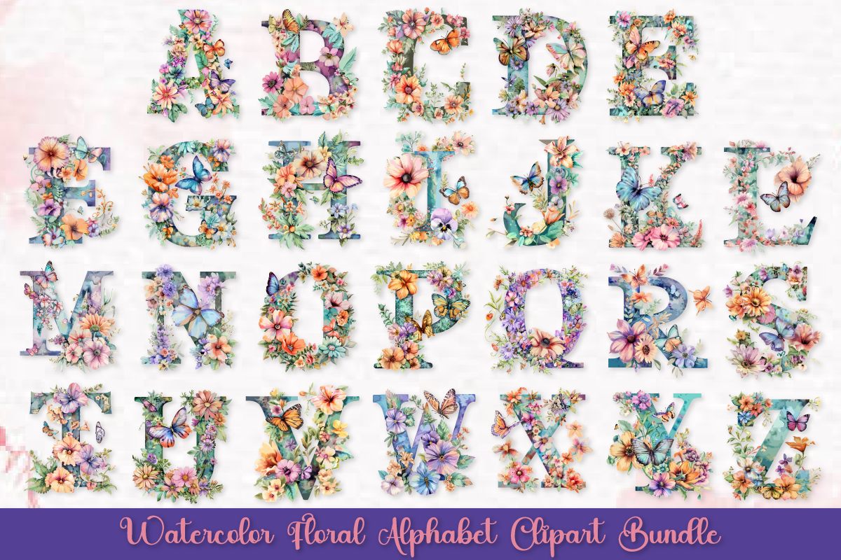 Watercolor Floral Alphabet Clipart Bundle - TemplateMonster