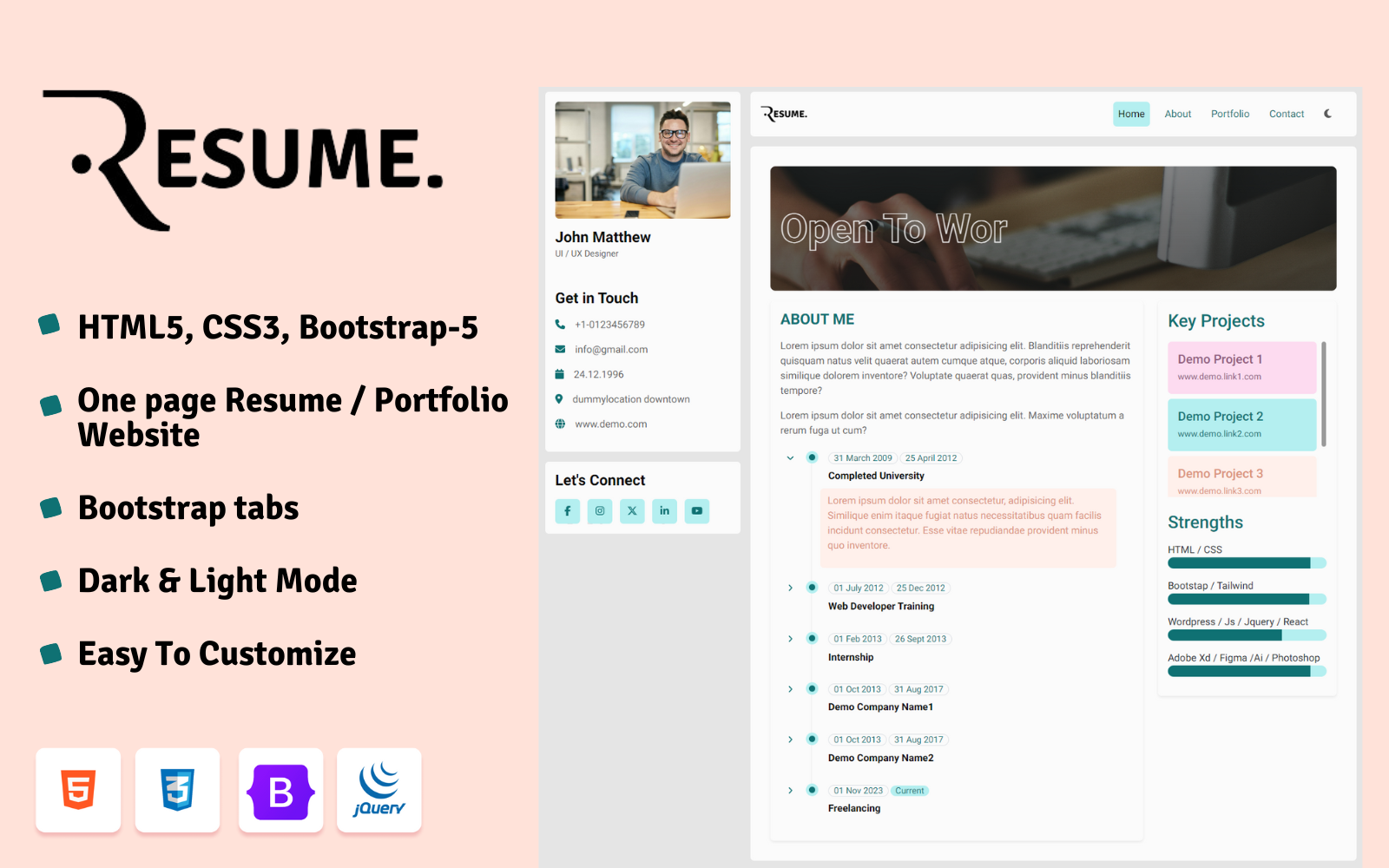Resume One Page Portfolio Website 420208 Templatemonster