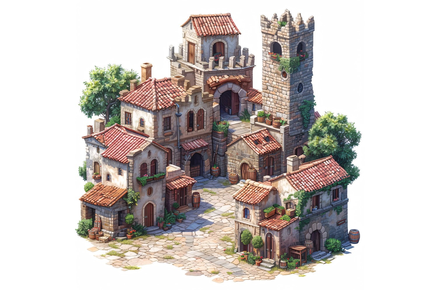 Busy medieval city Set of Video Games Assets Sprite Sheet 11