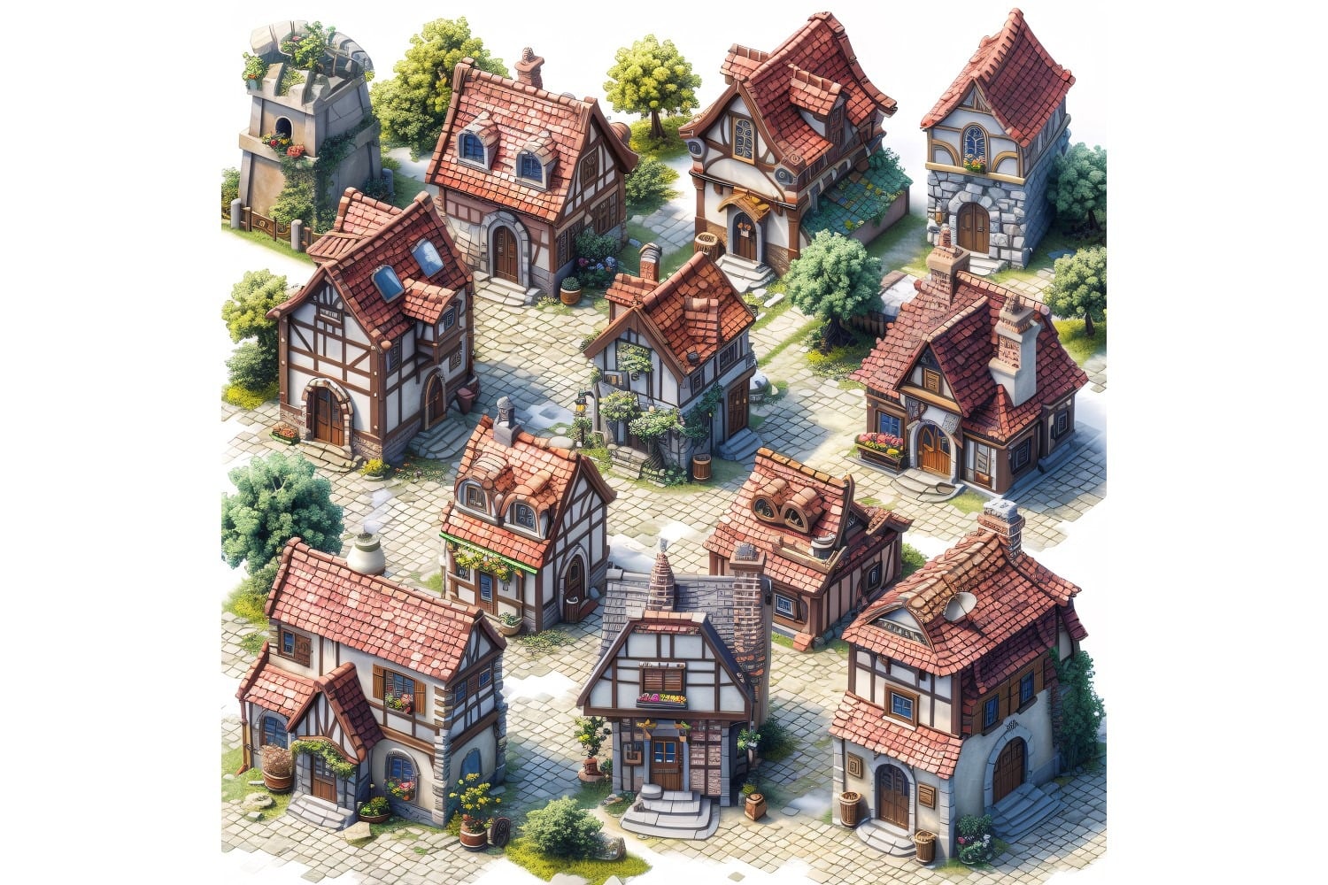 Busy medieval city Set of Video Games Assets Sprite Sheet 8