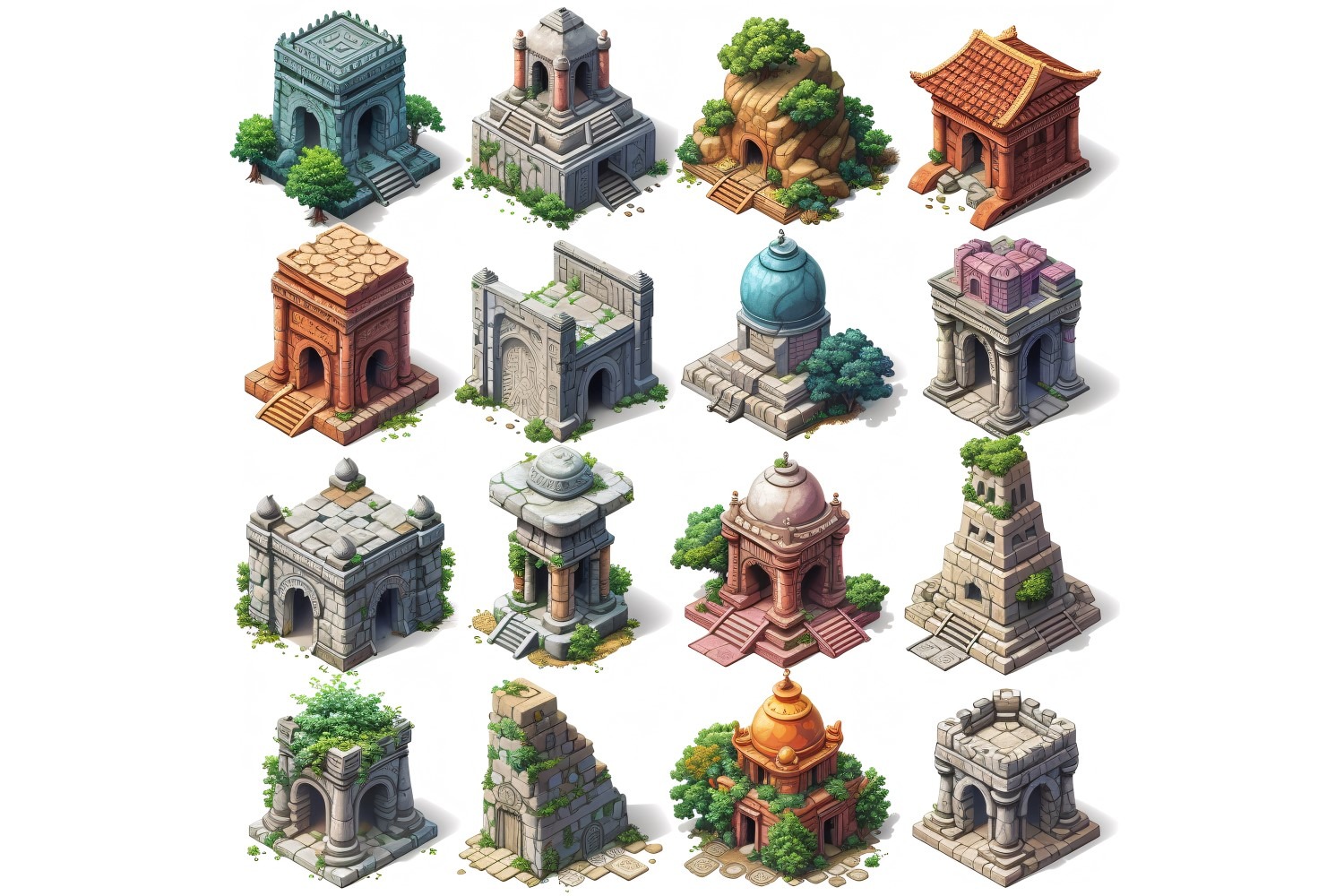 Fantasy temple Set of Video Games Assets Sprite Sheet White background 1