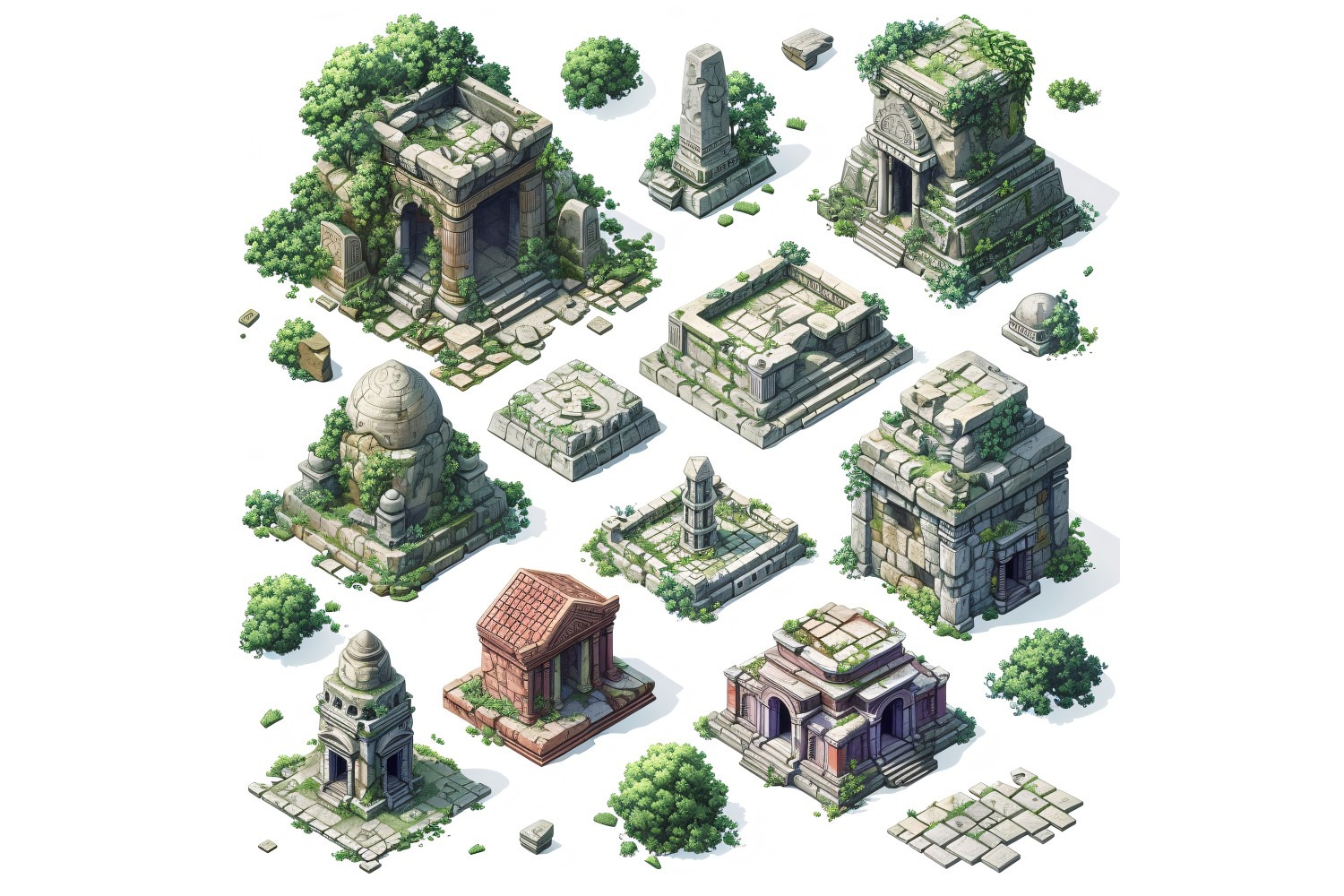 Fantasy temple Set of Video Games Assets Sprite Sheet White background 2