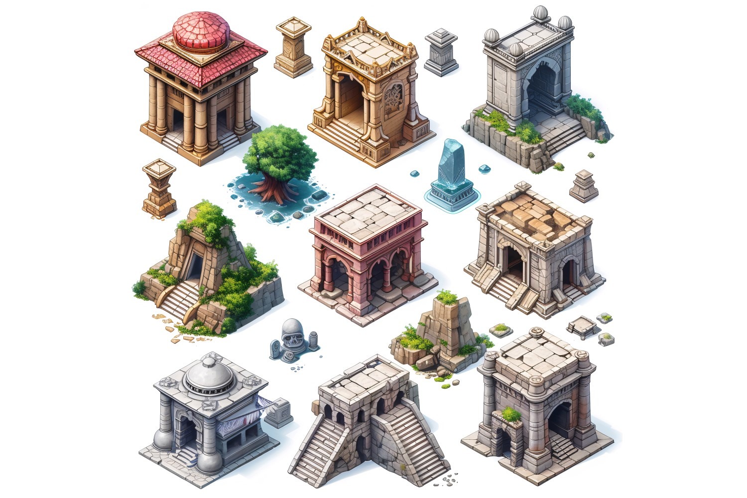 Fantasy temple Set of Video Games Assets Sprite Sheet White background 3