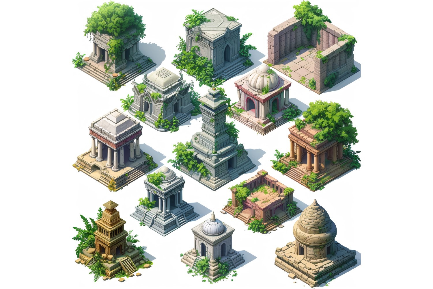 Fantasy temple Set of Video Games Assets Sprite Sheet White background 4
