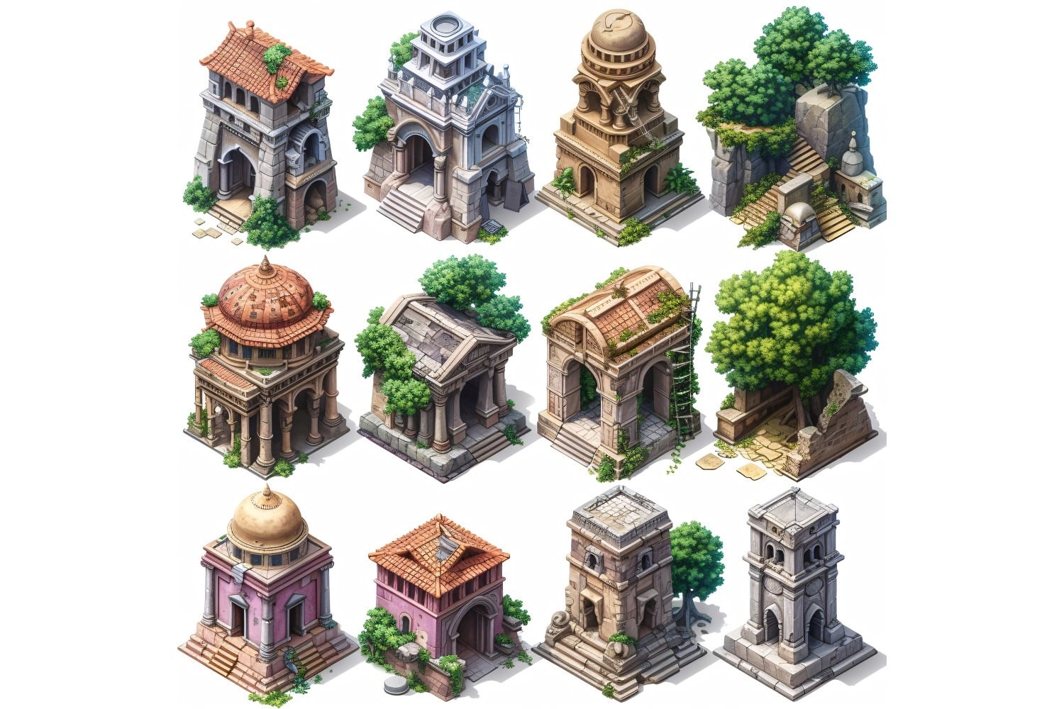 Fantasy temple Set of Video Games Assets Sprite Sheet White background 5