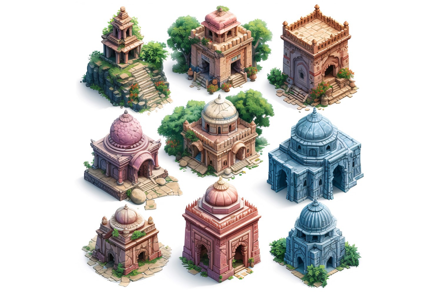 Fantasy temple Set of Video Games Assets Sprite Sheet White background 7