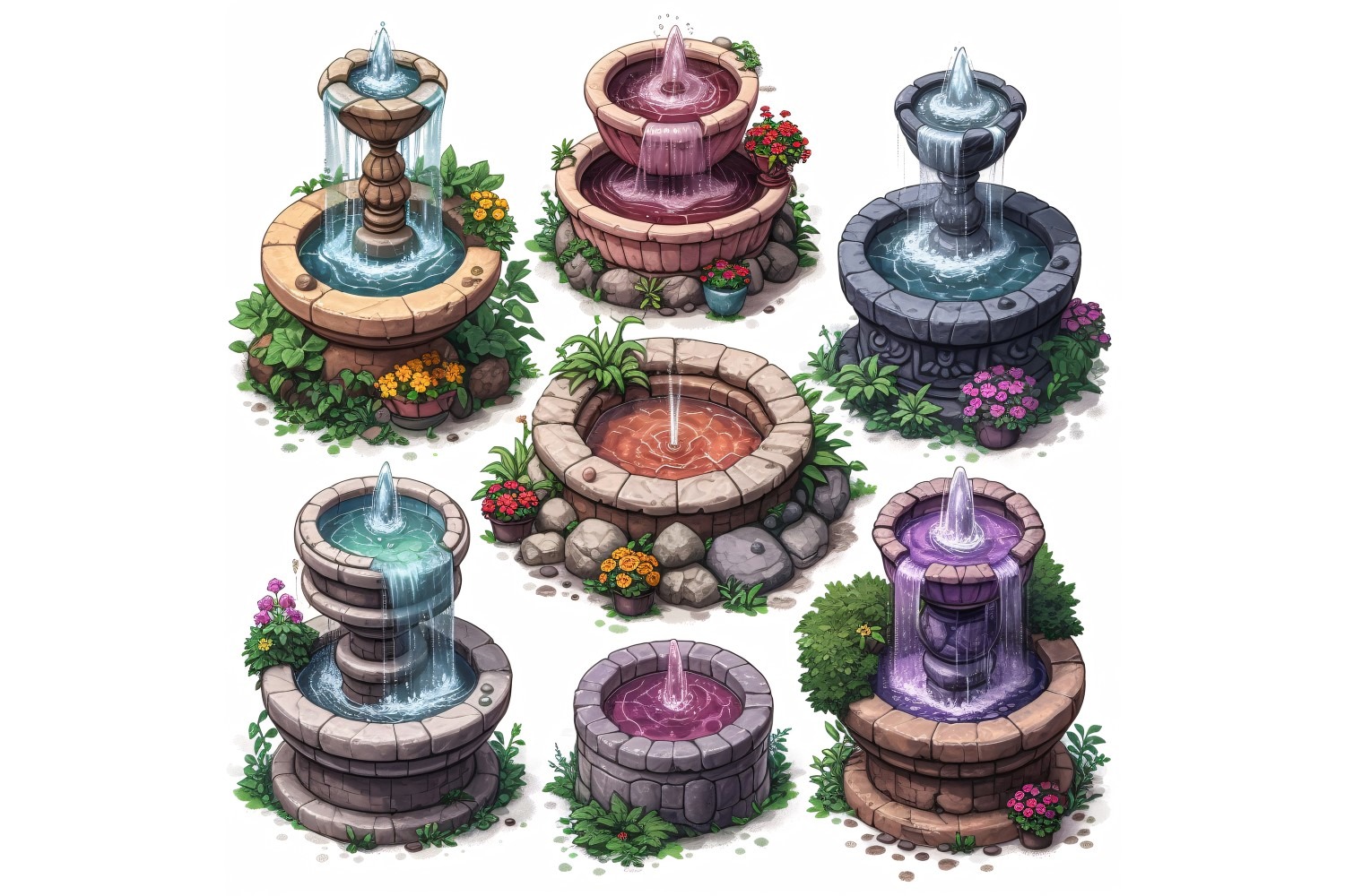 Fountains Set of Video Games Assets Sprite Sheet 3