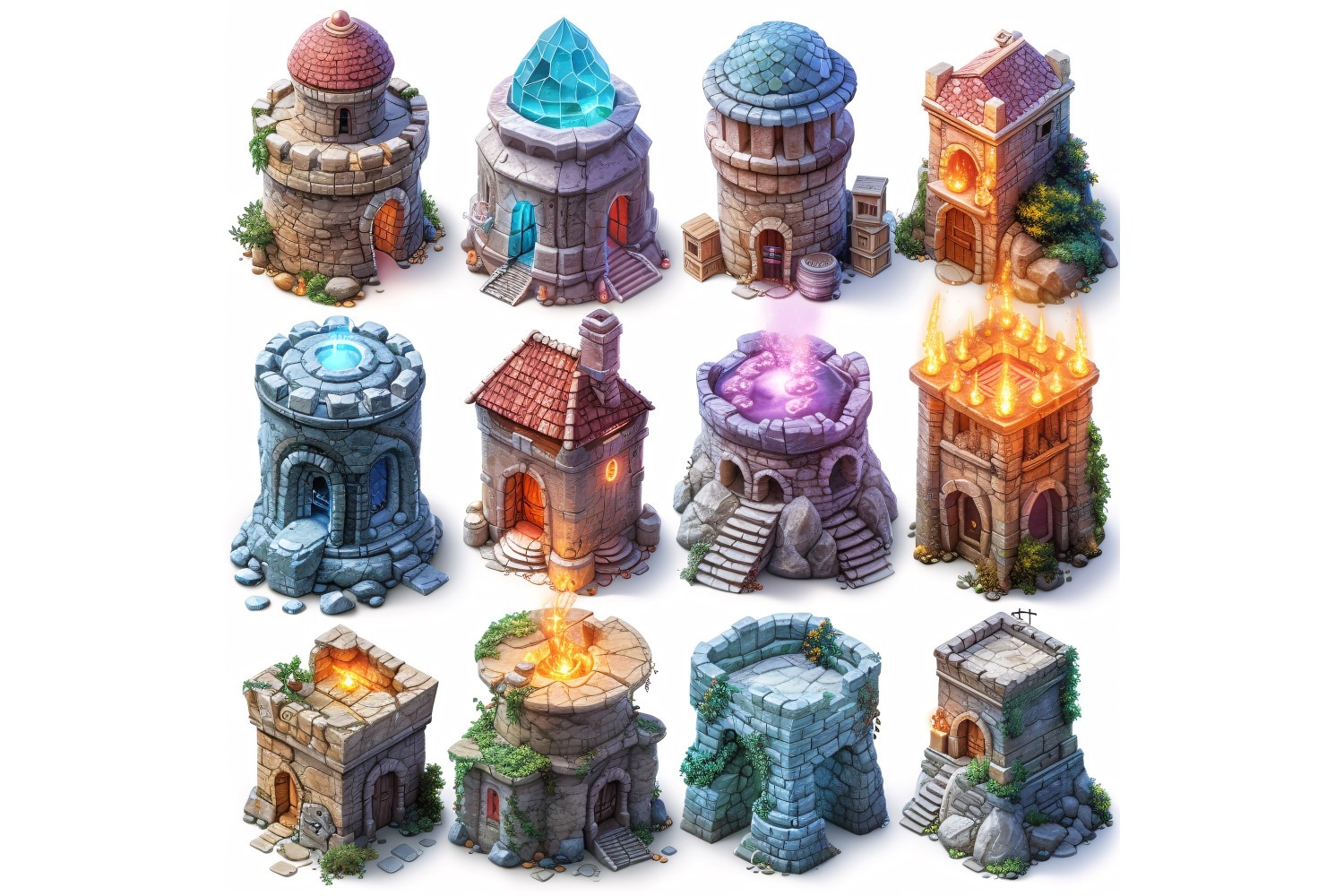 Mage towers with lightening Set of Video Games Assets Sprite Sheet 2
