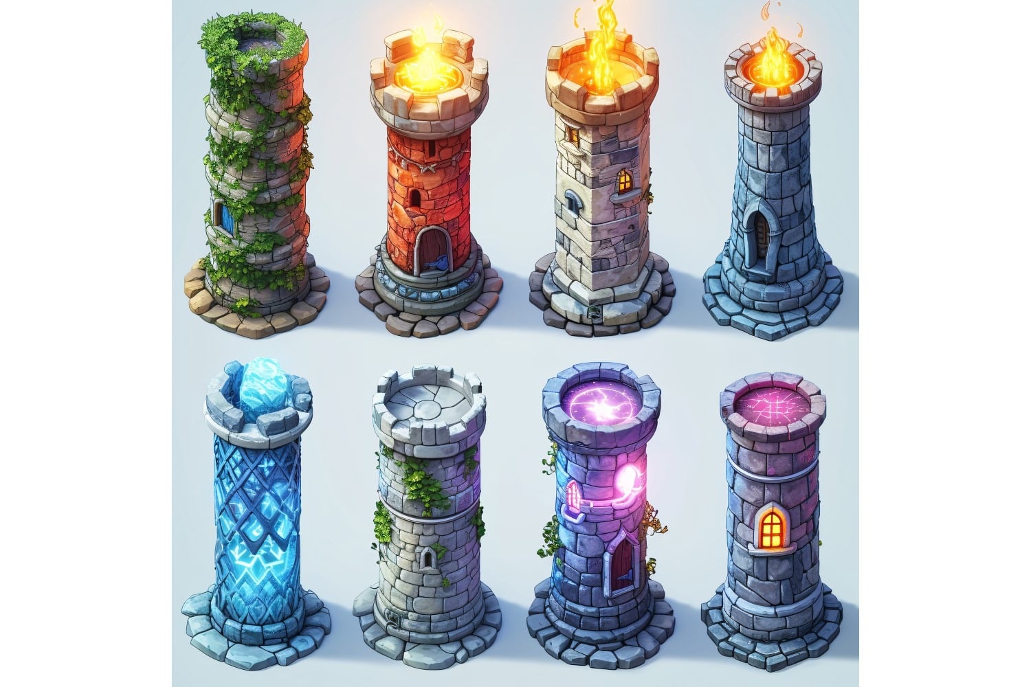 Mage towers with lightening Set of Video Games Assets Sprite Sheet 4
