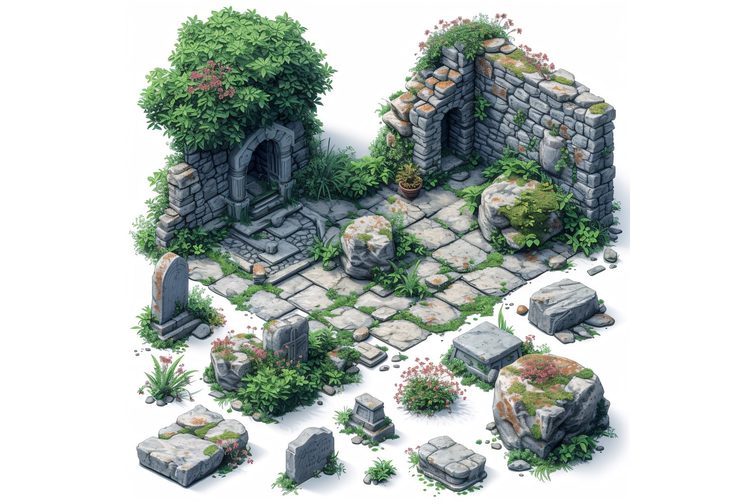 Monestary with graveyard Set of Video Games Assets Sprite Sheet 01