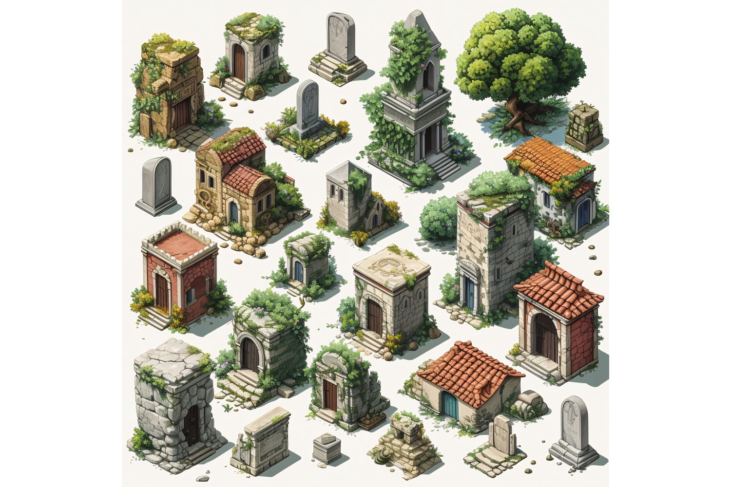 Monestary with graveyard Set of Video Games Assets Sprite Sheet 02