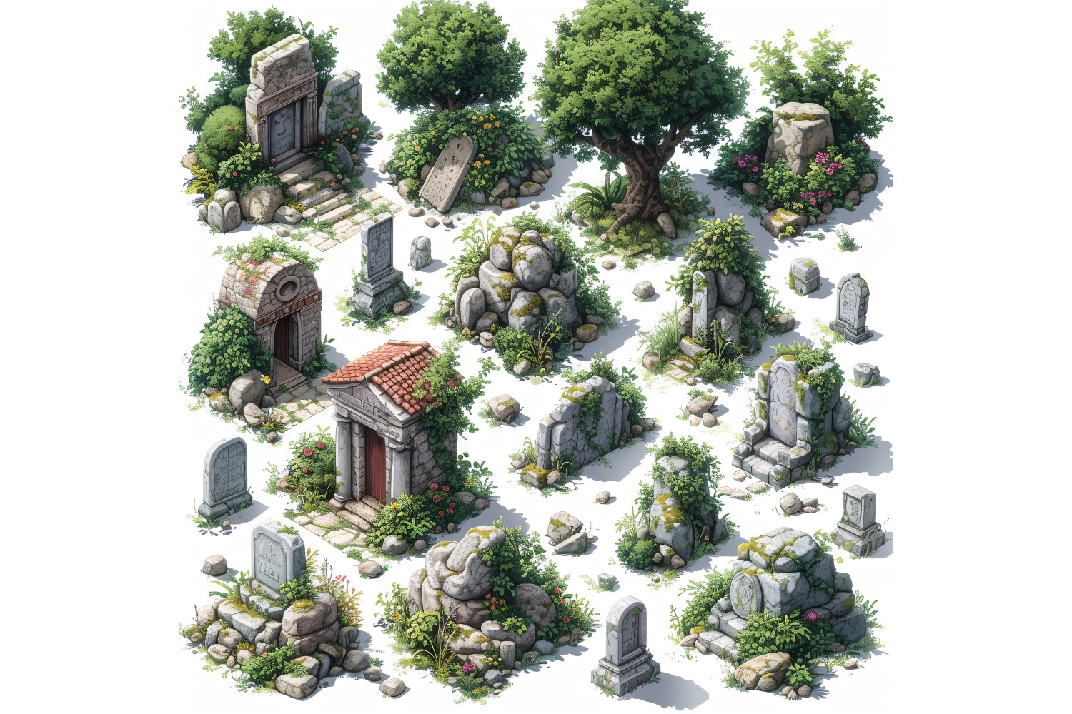 Monestary with graveyard Set of Video Games Assets Sprite Sheet 03