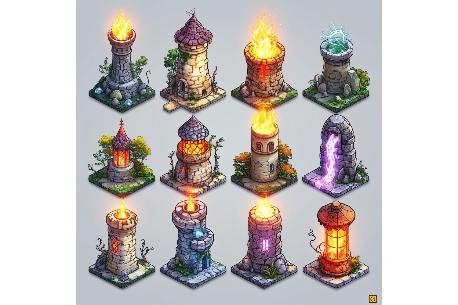 Mage towers with lightening Set of Video Games Assets Sprite Sheet 197