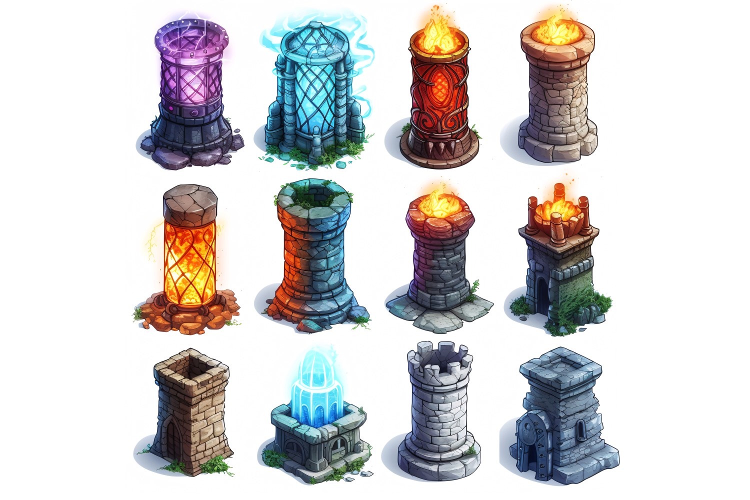 Mage towers with lightening Set of Video Games Assets Sprite Sheet 198
