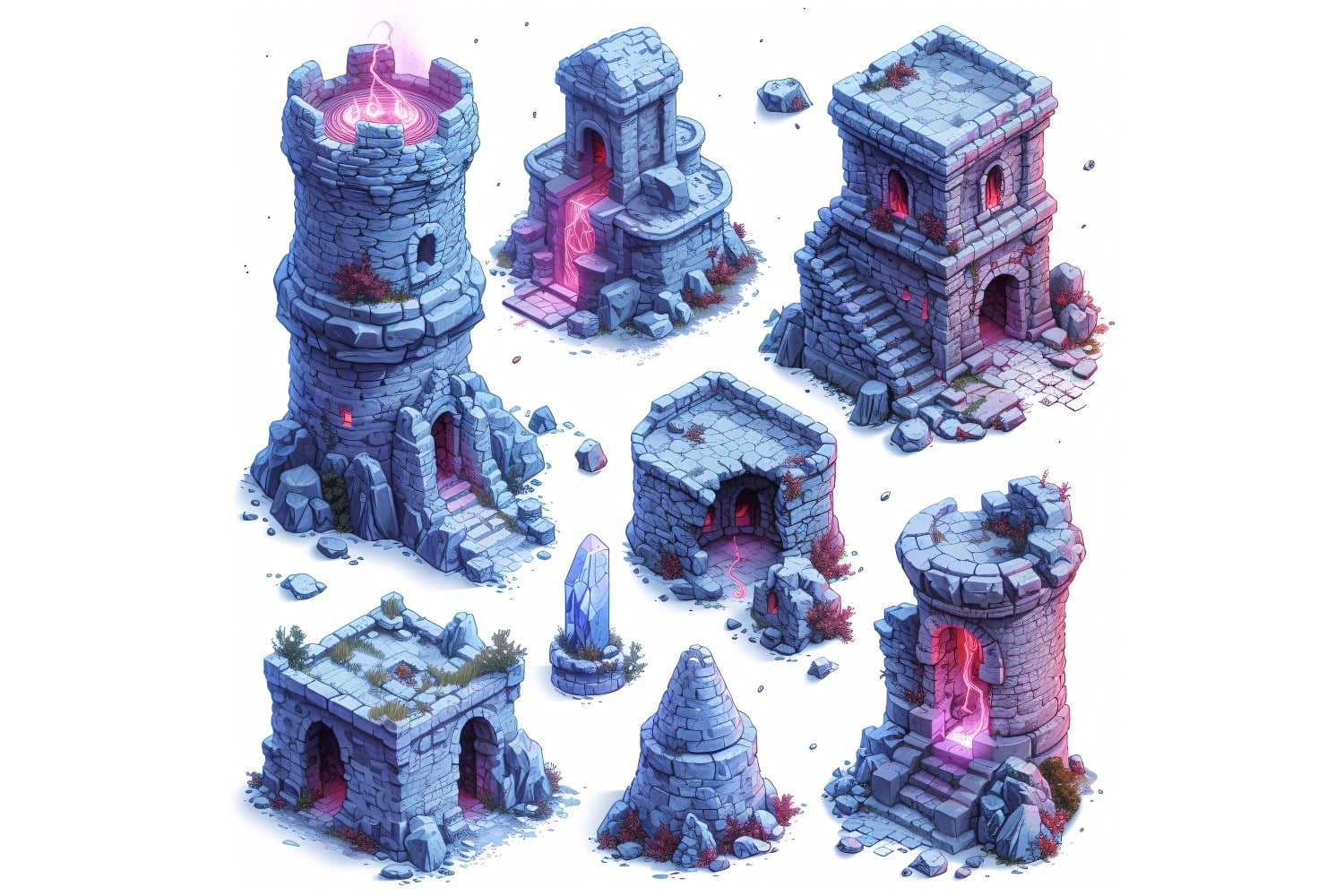 Mage towers with lightening Set of Video Games Assets Sprite Sheet 199