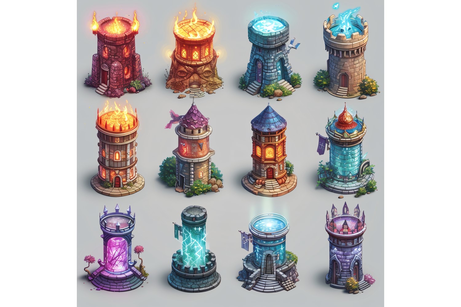 Mage towers with lightening Set of Video Games Assets Sprite Sheet 202