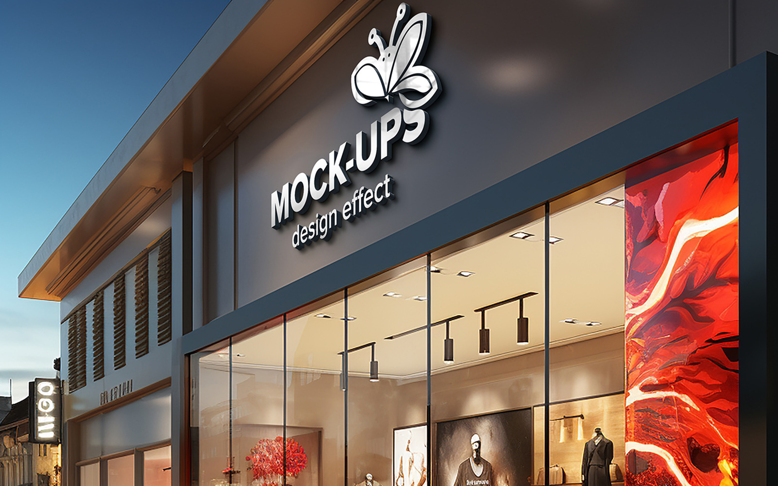 3d chrome logo mockup grey facade sign shop 3d front logo mockup modern ...