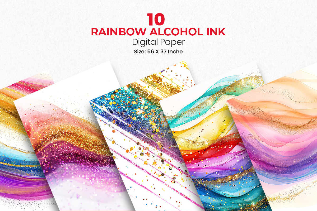 Colorful rainbow alcohol ink art and shiny gold glitter line waves ...