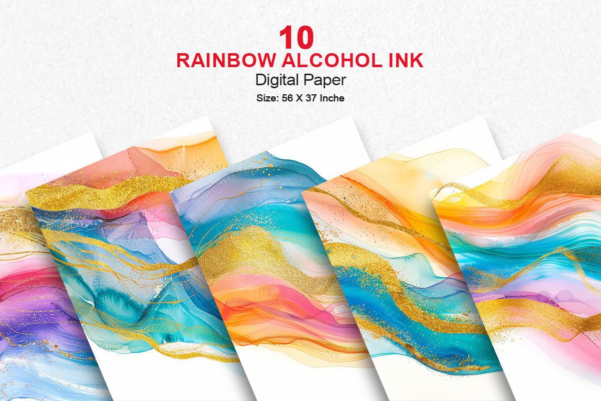 Colorful watercolor rainbow alcohol ink art and gold glitter texture ...