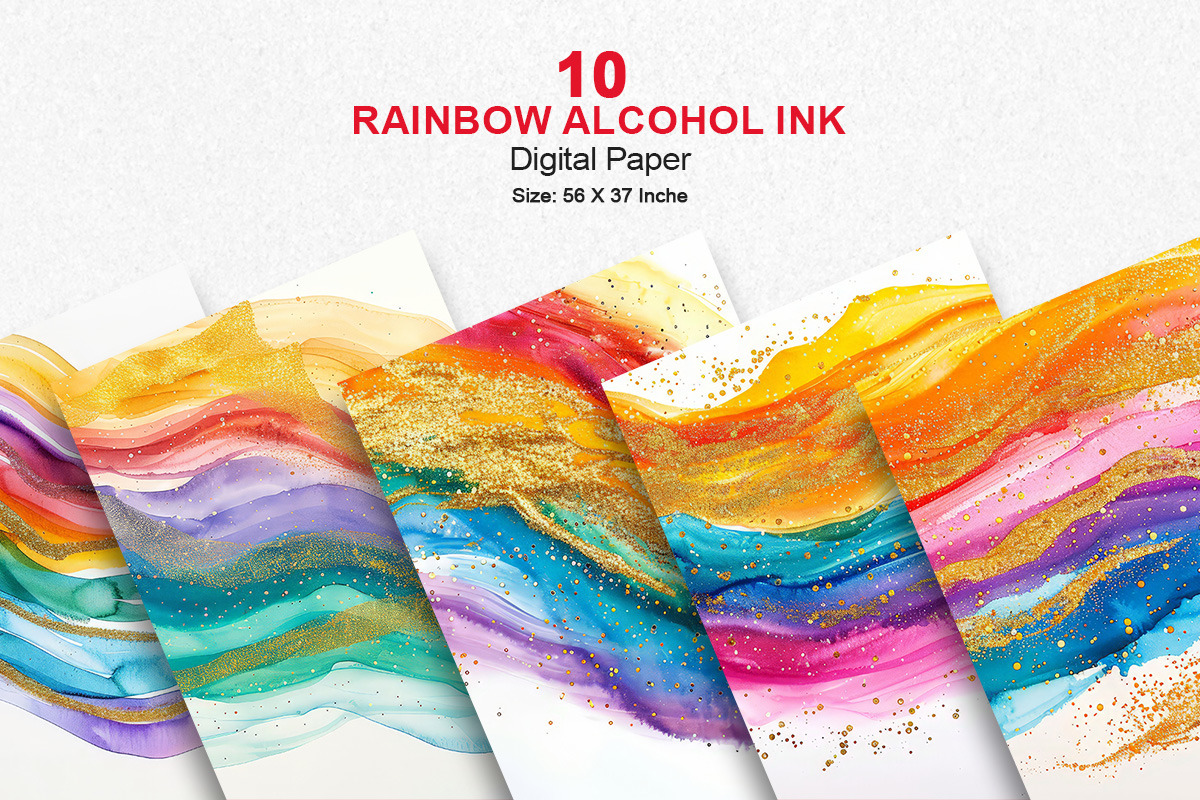 Colorful watercolor rainbow alcohol ink art and shiny gold glitter ...