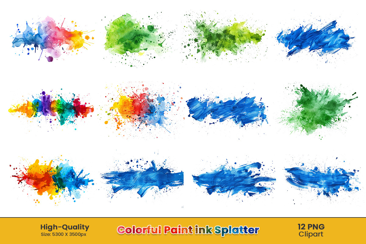 Watercolor colorful paint ink splatter, rainbow paint splash png background