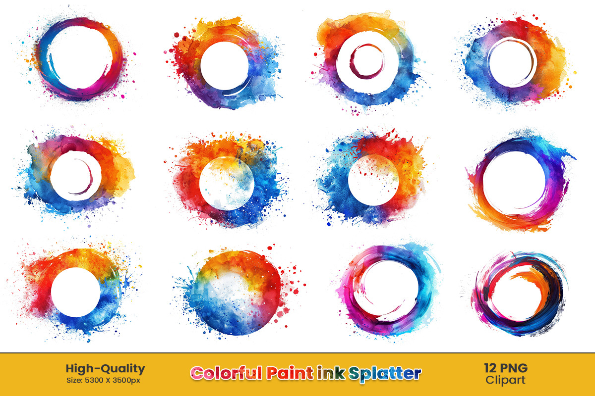 Watercolor ink paint splatter, rainbow splash circle frame png clipart set.