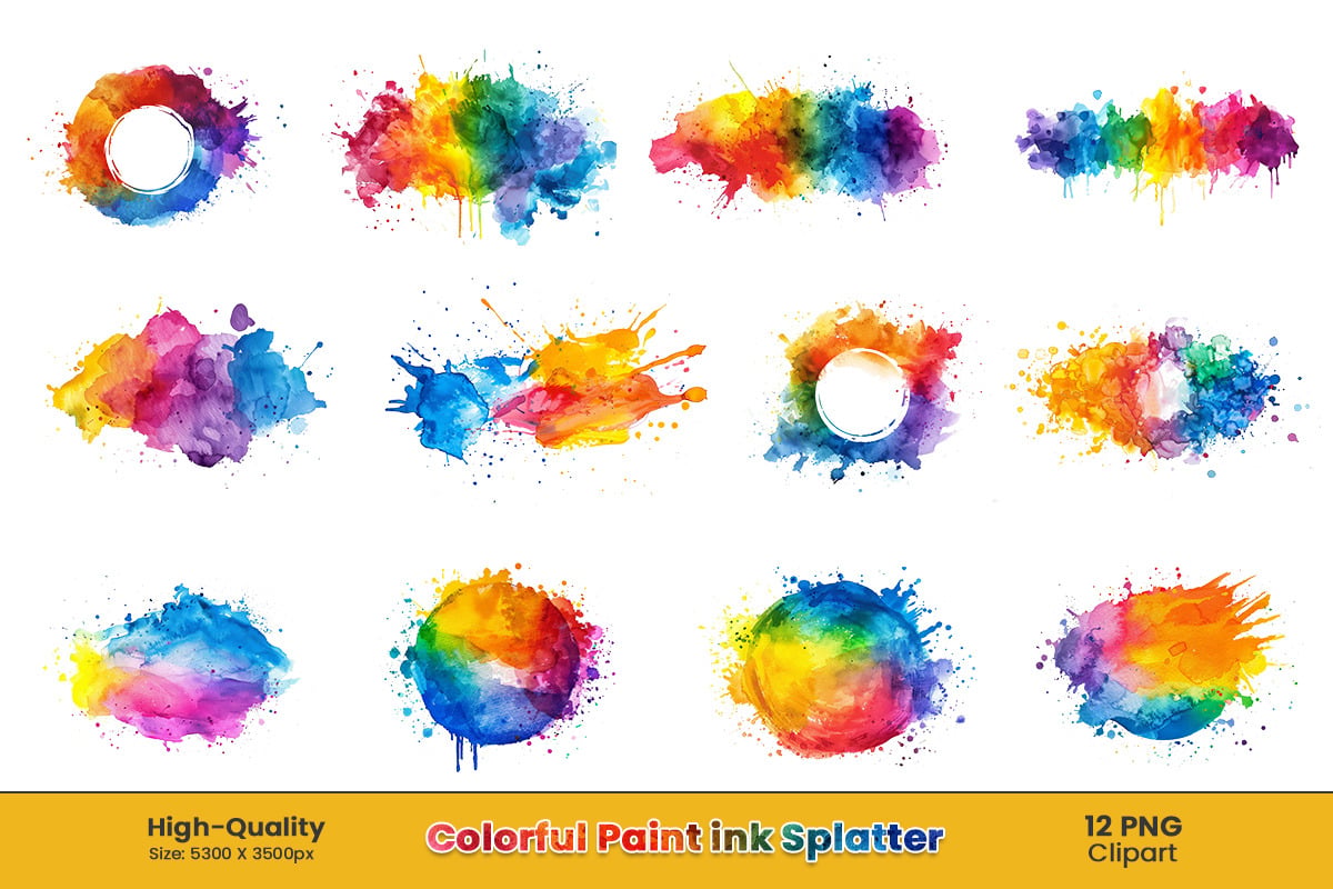 Colorful Rainbow Paint Splash Clipart, Watercolor paint ink splatter png.