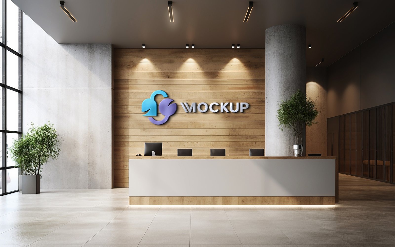 Wooden wall logo mockup with hotel counter - TemplateMonster