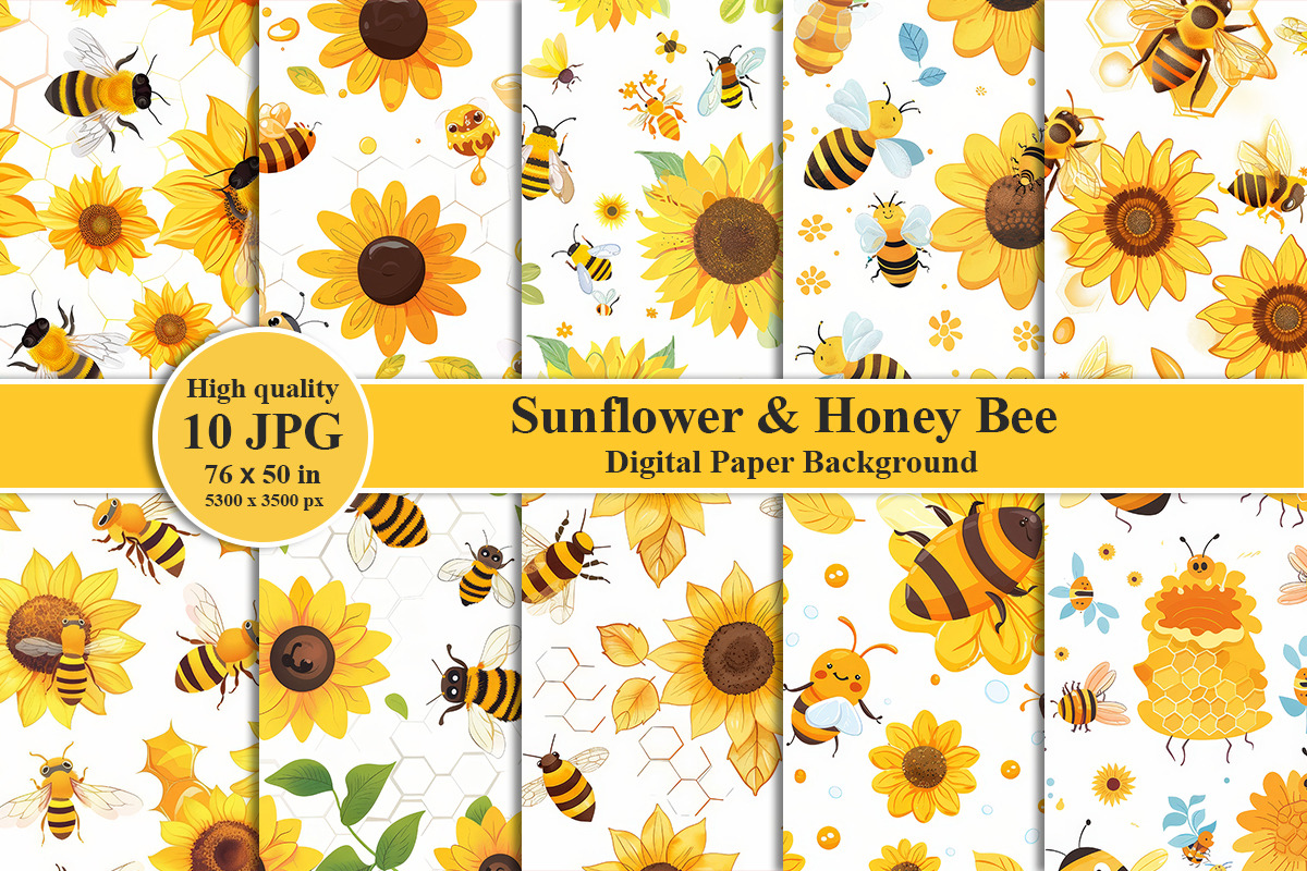 Sunflower and Honey Bee Printable Digital Paper Background