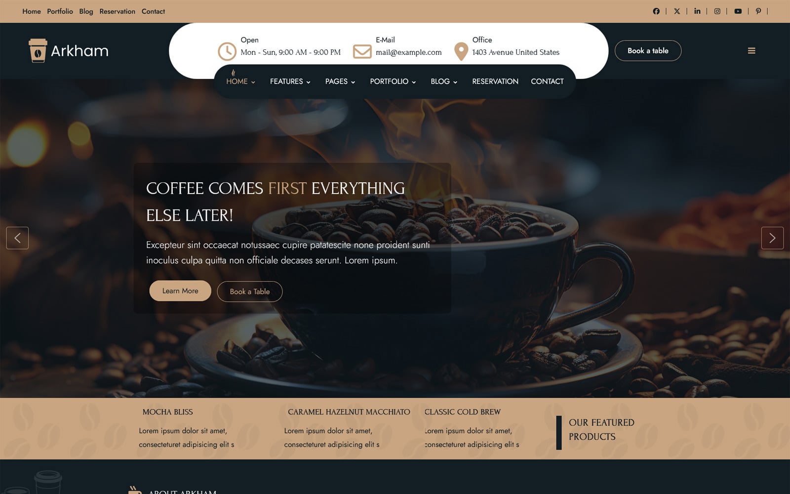 Arkham Coffee Shop & Coffee House Joomla Template