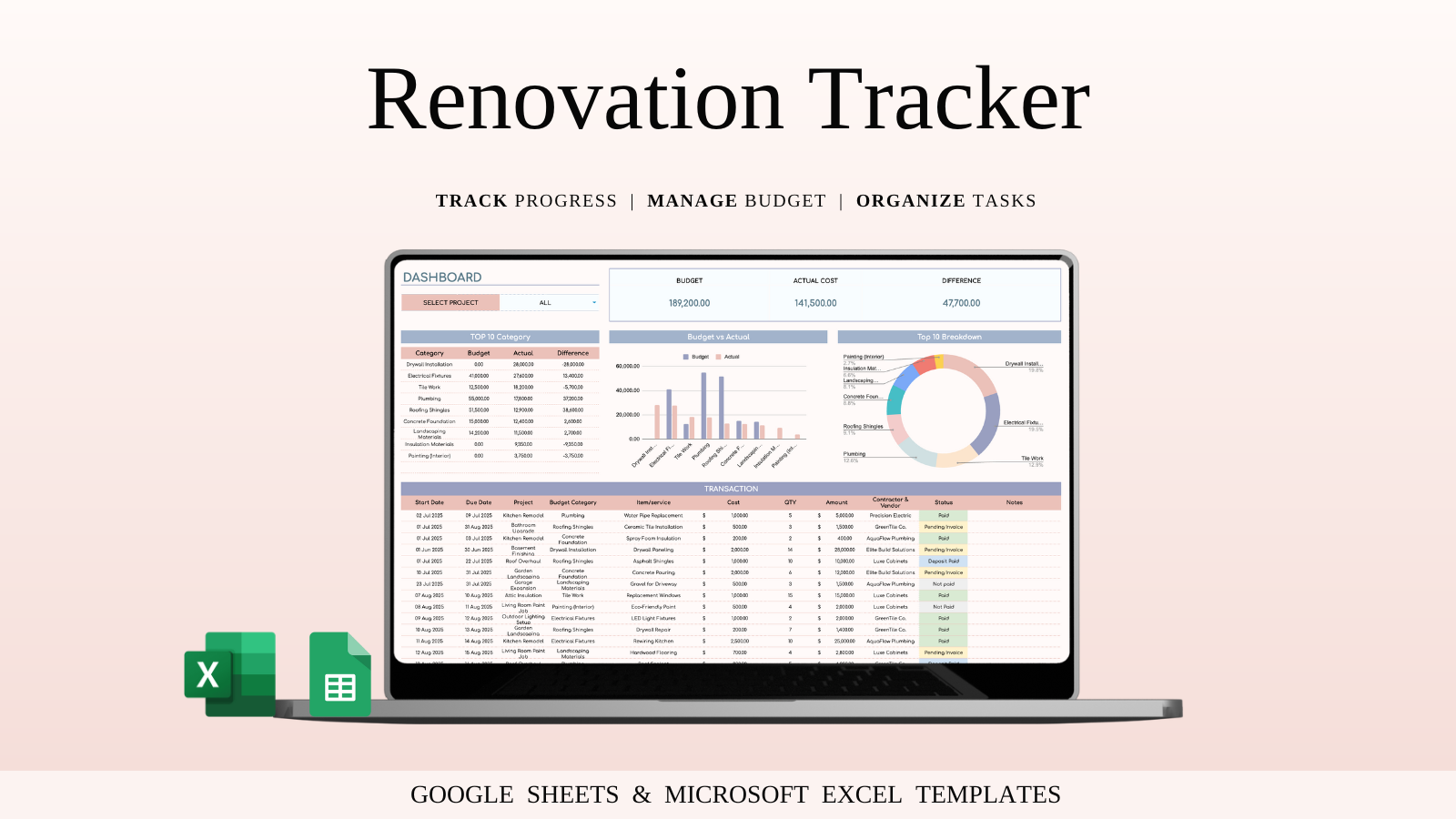 Renovation Tracker Spreadsheet Template for Google Sheets and Excel