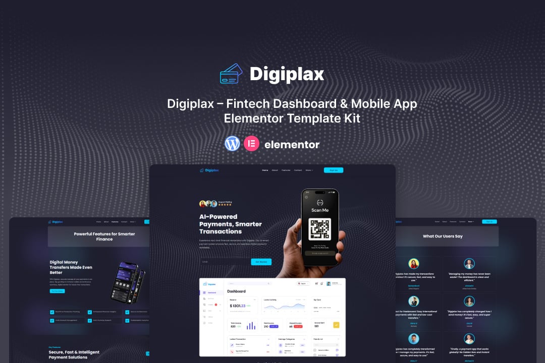 Digiplax – Fintech Dashboard & Mobile App Elementor Template Kit