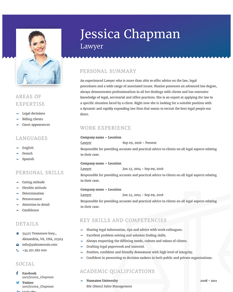 Jessica Chapman - Lawyer CV Resume Template - TemplateMonster