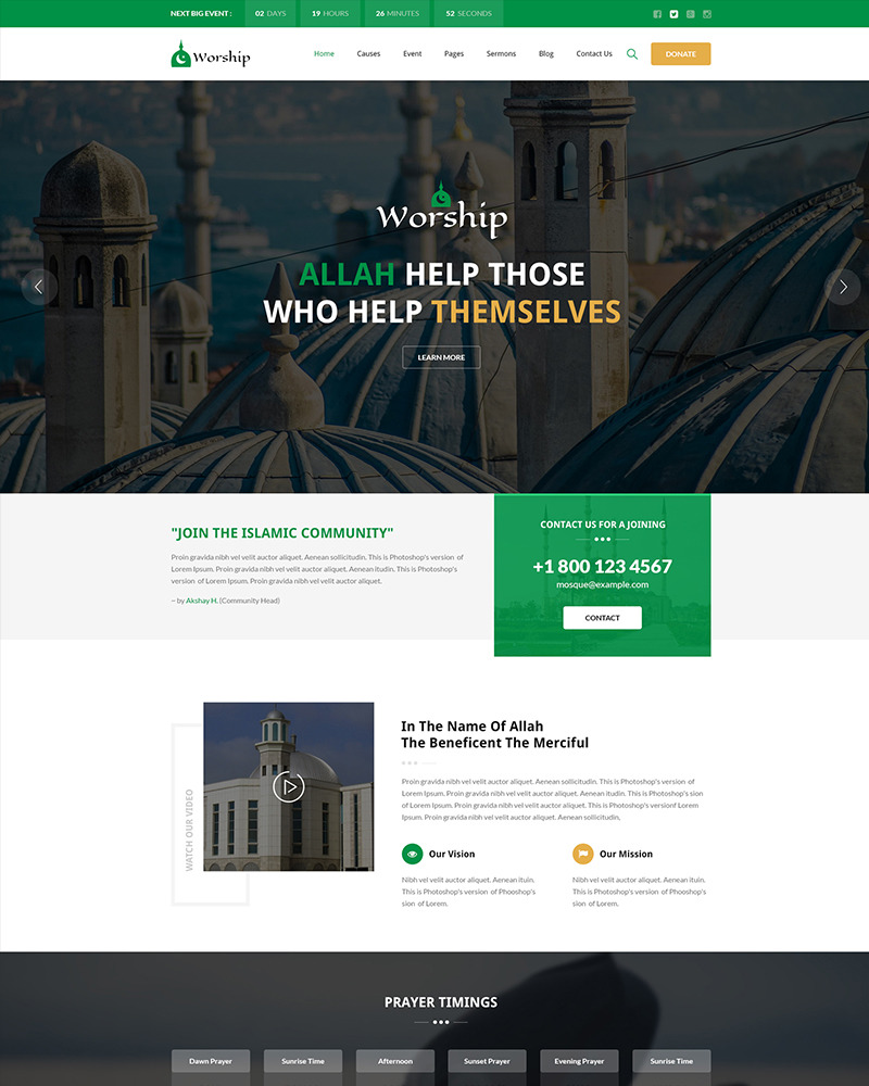 Worship - Islamic Center Bootstrap HTML Website Template