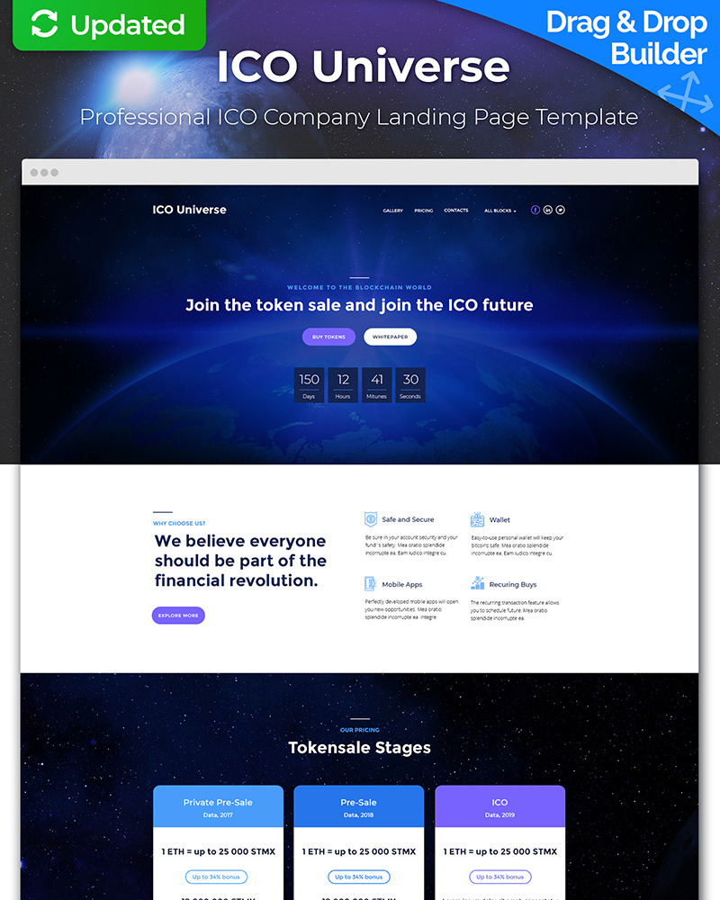 ICO Universe - Bitcoin Cryptocurrency MotoCMS 3 Landing Page Template