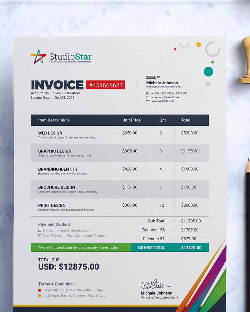 Invoice | Bill | Cash Memo Template, MS Word, EPS and PSD Invoice Design